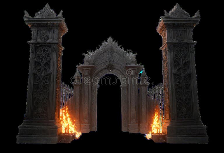 Enigmatic Gothic Gateway with Flaming Pillars Stock Photo - Image of ...