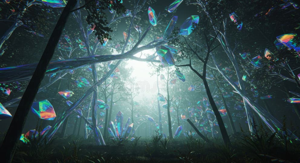 Enigmatic Iridescent Forest at Night Stock Illustration - Illustration ...