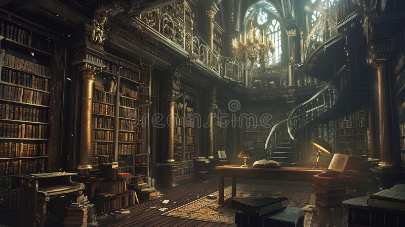 Enigmatic Library Bathed in Dim Light. Generative Ai Stock Illustration ...