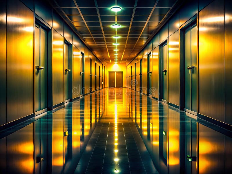 Enigmatic Long Corridor Reflective Surfaces Dramatic Lighting and ...