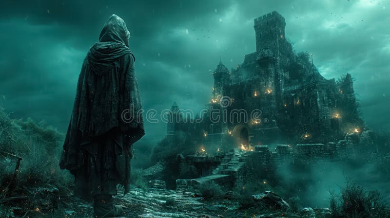 Enigmatic Monk Standing Front of Haunted Scarry Castle Stock ...