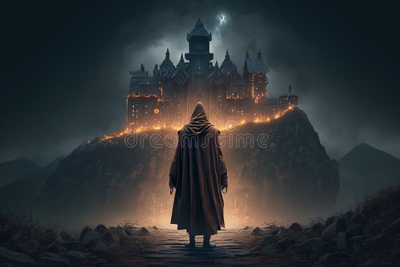 Enigmatic Monk Standing Front of Haunted Scarry Castle. Generative AI ...