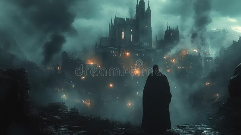 Enigmatic Monk Standing Front of Haunted Scary Castle Stock ...