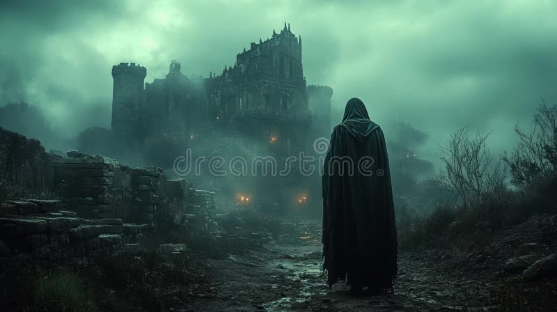 Enigmatic Monk Standing Front of Haunted Scary Castle Stock ...