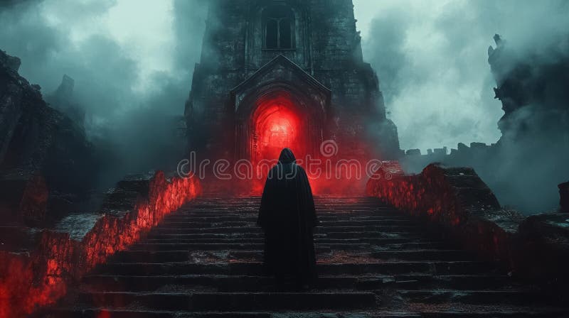 Enigmatic Monk Standing Front of Haunted Scary Castle Stock ...