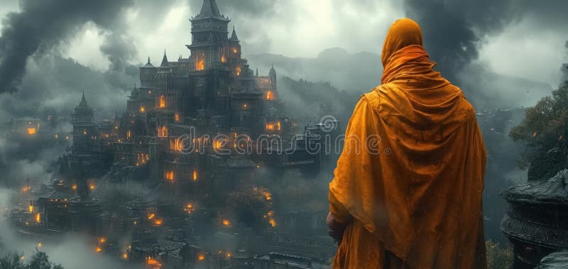 Enigmatic Monk Standing Front of Haunted Scary Castle Stock ...