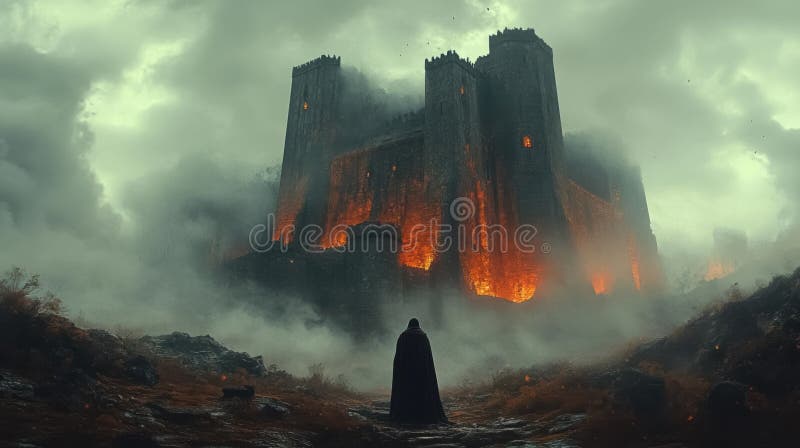 Enigmatic Monk Standing Front of Haunted Scary Castle Stock ...
