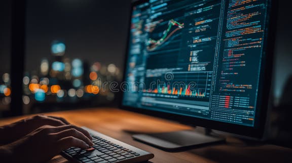 Enigmatic Night Coding Scene in Dark Mode with Soft Glowing AI Interface Stock Illustration ...