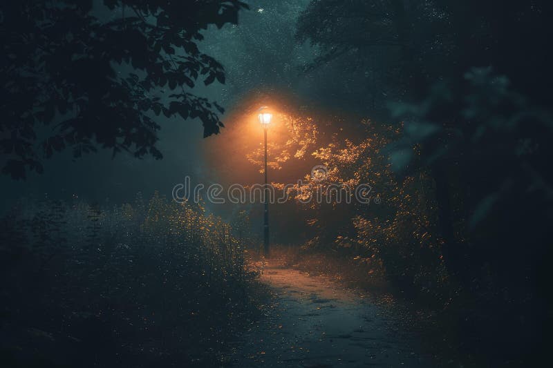 Mystical Forest Path at Night with Glowing Lamp Post Stock Image ...