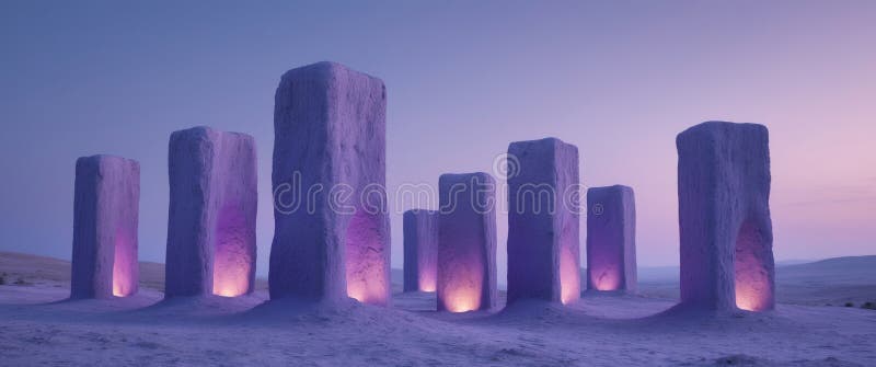 Enigmatic Purple Stone Pillars Glowing with Inner Fire in a Mystical Landscape Stock Photo ...