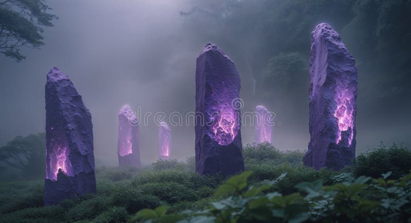 Enigmatic Purple Stone Pillars Glowing with Inner Fire in a Mystical ...