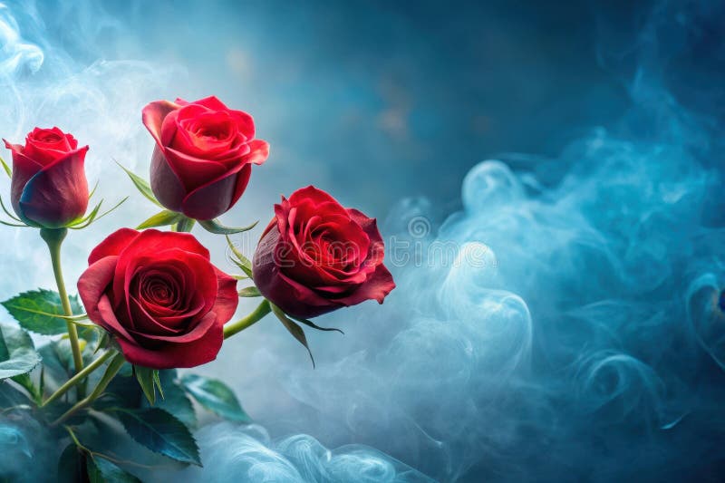 Enigmatic Red Roses Emerging from a Mystical Blue Haze, a Captivating ...