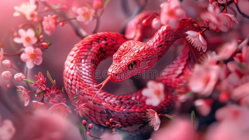Enigmatic Red Serpent Twining through Cherry Blossoms in Spring Stock ...