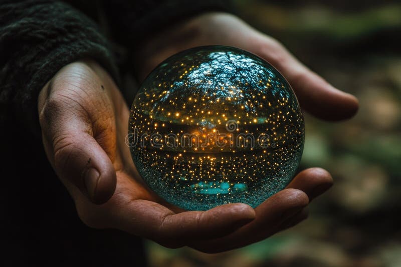 Enigmatic Reflections: Hands Holding a Crystal Sphere Illuminated by ...