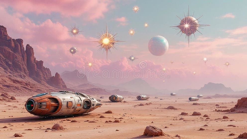 Enigmatic Relics of a Retro Sci-Fi Desert Stock Illustration ...