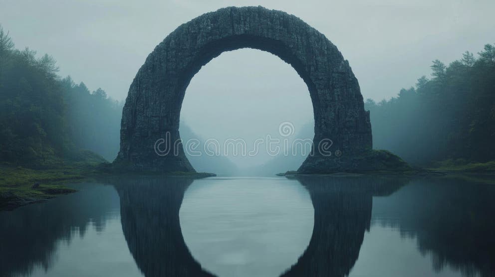 Enigmatic Stone Arch Reflecting in Still Lake Mist Stock Illustration ...