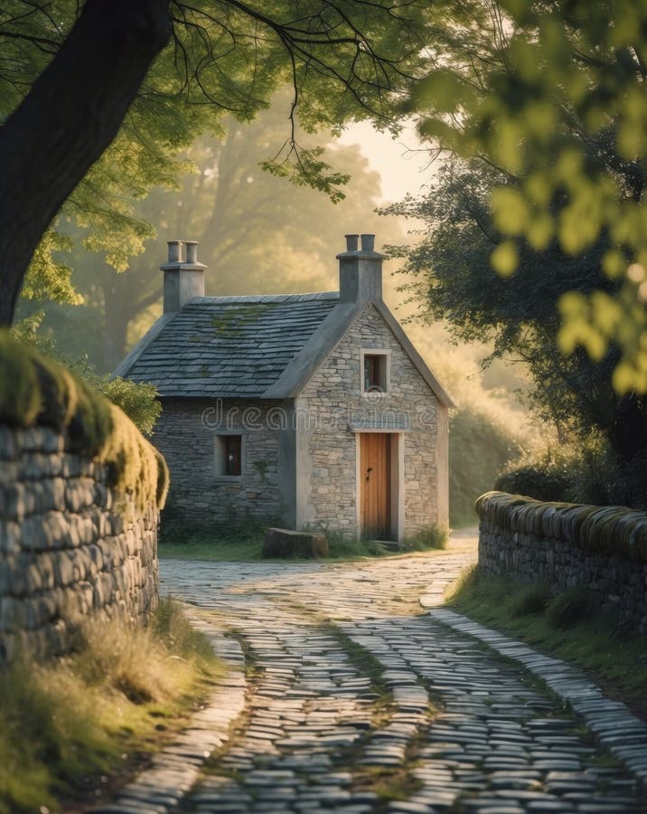 Enigmatic Stone Cottage on a Cobblestone Lane Stock Photo - Image of generated, house: 369625878