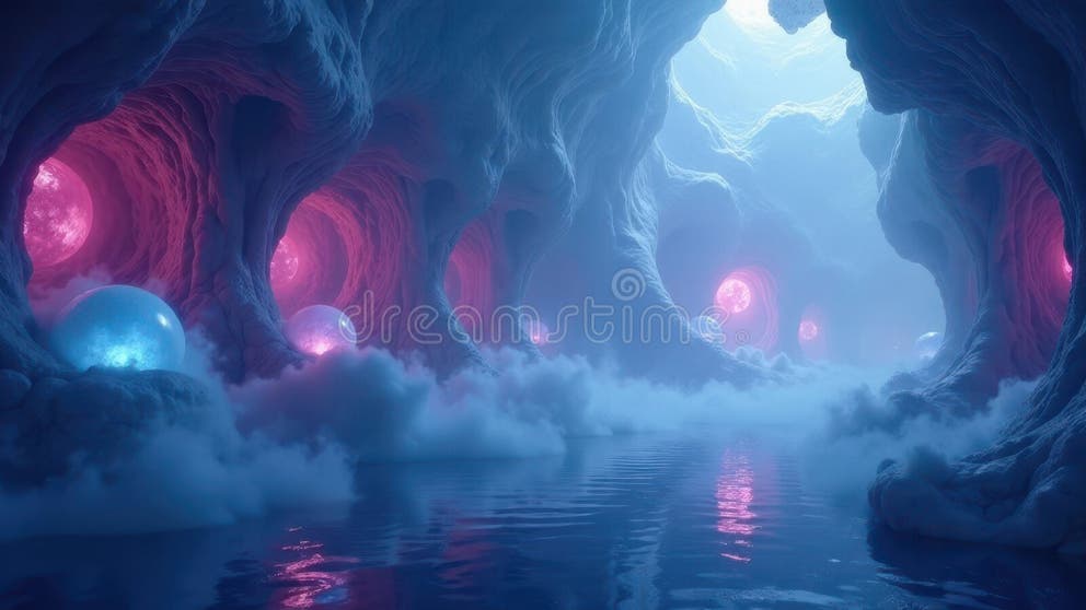 Enigmatic Subterranean Realm with Glowing Orbs and Serene Waters ...