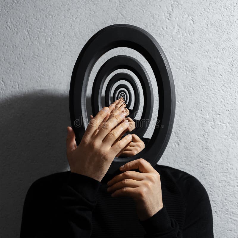 Enigmatic Surrealistic Optical Illusion, Young Man Holding Round Frame ...