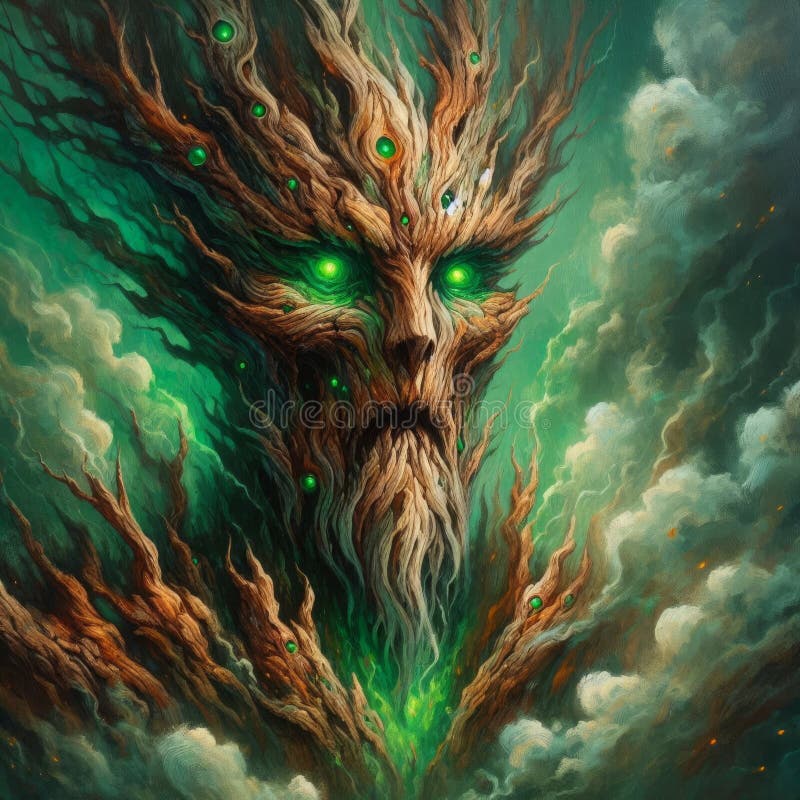 Enigmatic Tree Guardian with Emerald Eyes Stock Illustration ...
