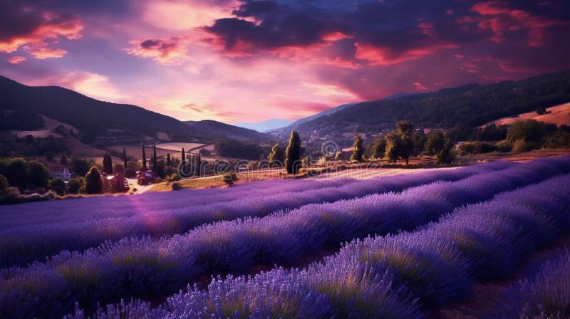 Enigmatic Twilight: Captivating Lavender Fields in the Valley Stock ...