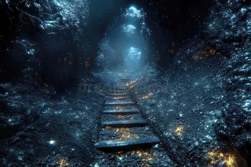 Enigmatic Underground Pathway Illuminated by Shimmering Light Leading ...