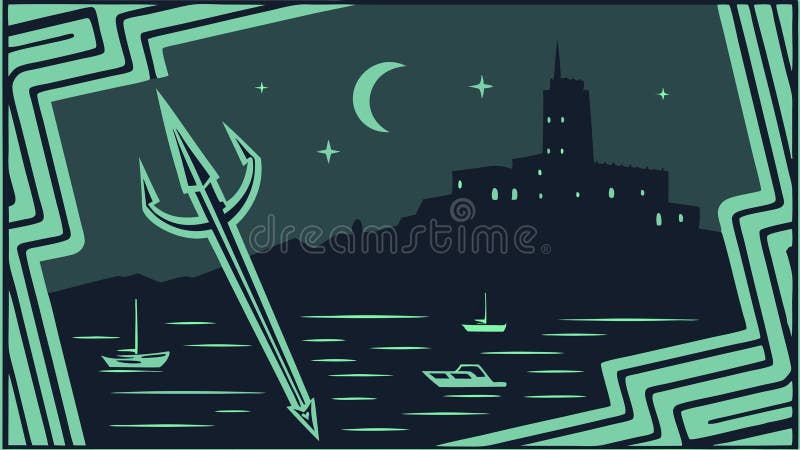 Mystical Trident in a Moonlit Castle Landscape, Vector Design ...