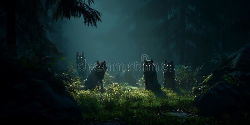 Enigmatic Wolves in Dark Forest Stock Photo - Image of shadows, eyes ...