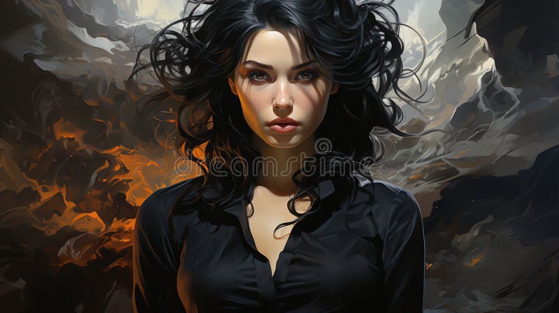 Enigmatic Woman in Foreboding Storm with Long Black Hair Stock ...