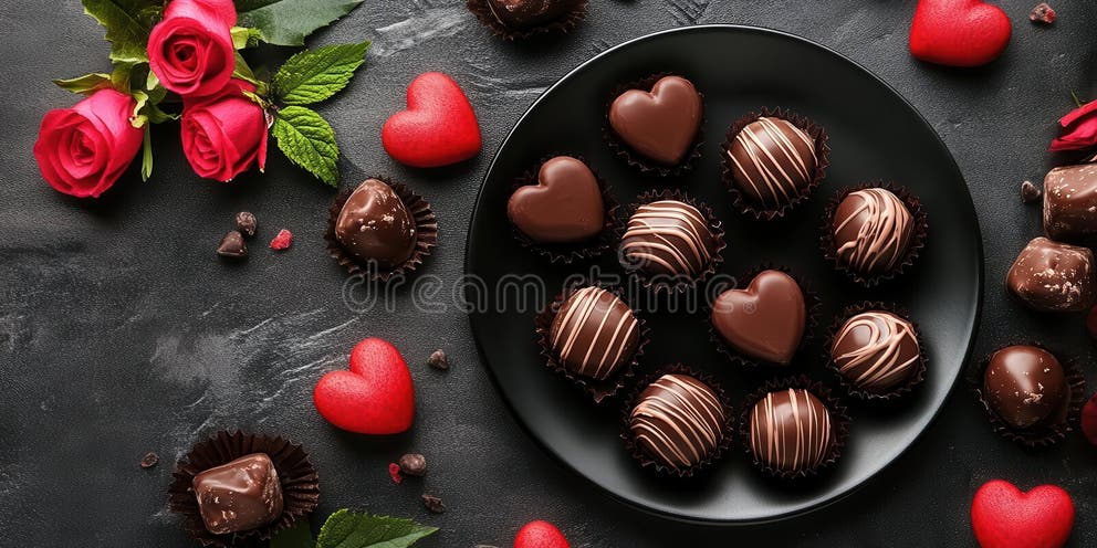 Enjoy Assorted Sweets and Roses with Romantic Dessert and Dark Surface ...