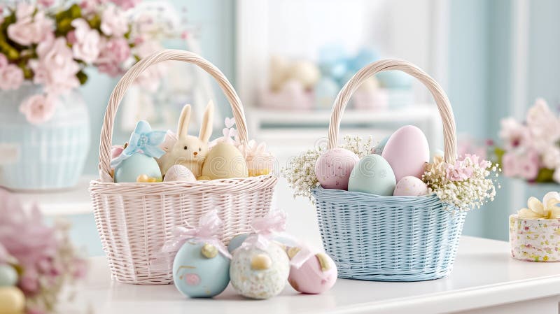 Enjoy Cheerful Easter Baskets with Pastel Eggs and Playful Bunnies ...