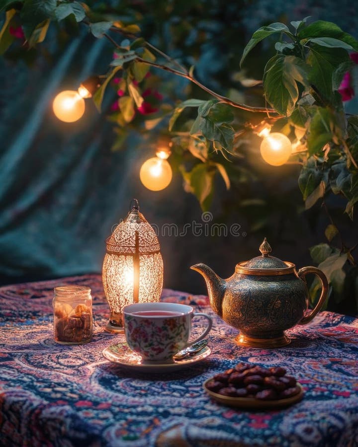 Enjoy a Cup of Tea Under the Lights at Night Stock Illustration ...