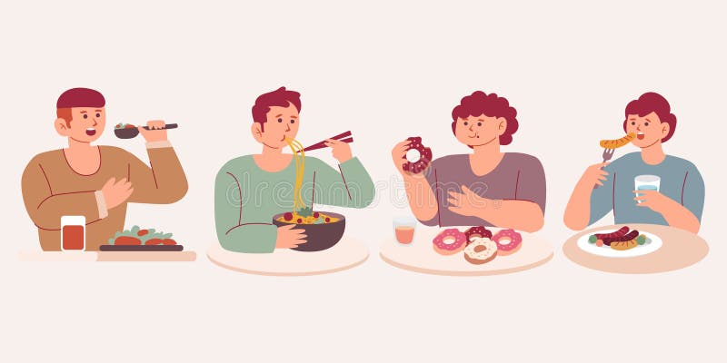 Enjoy Eating Cartoon Character Set Stock Vector - Illustration of salad ...