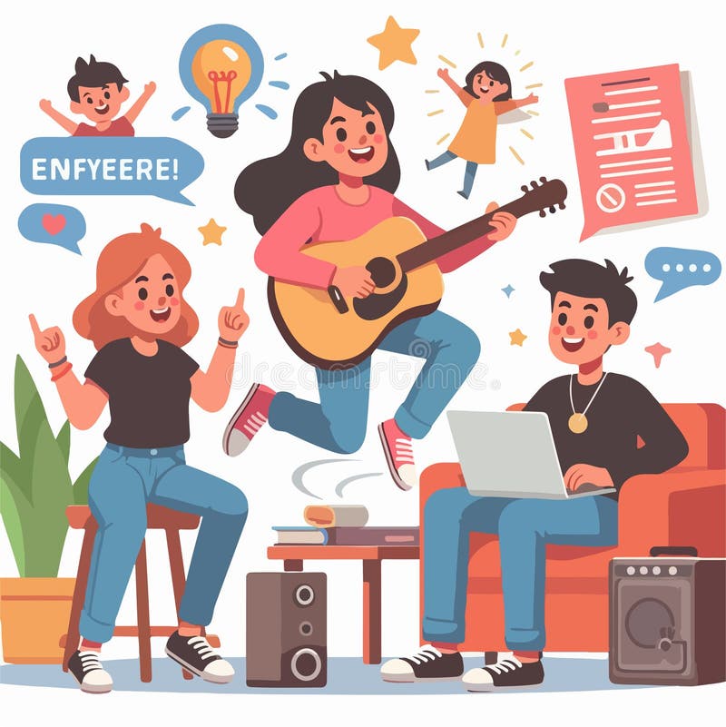 Enjoy Free Time with Music and Singing Flat Cartoon Stock Illustration ...