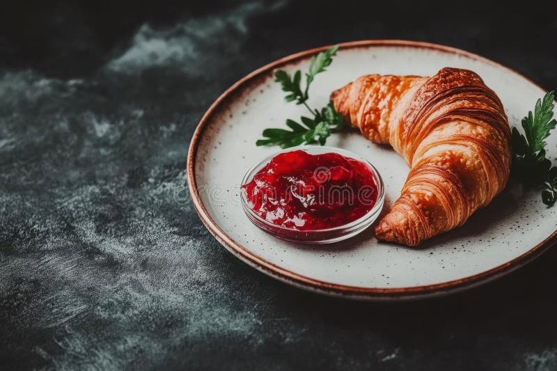 Enjoy Fresh Croissant with Strawberry Jam on a Plate with Dark Theme ...