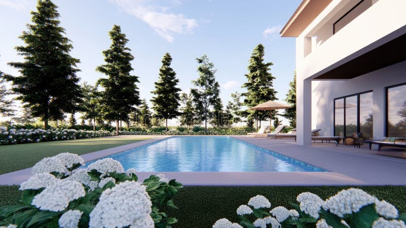 Enjoy the Peaceful Ambiance of a Modern Rectangular Pool, Framed by ...