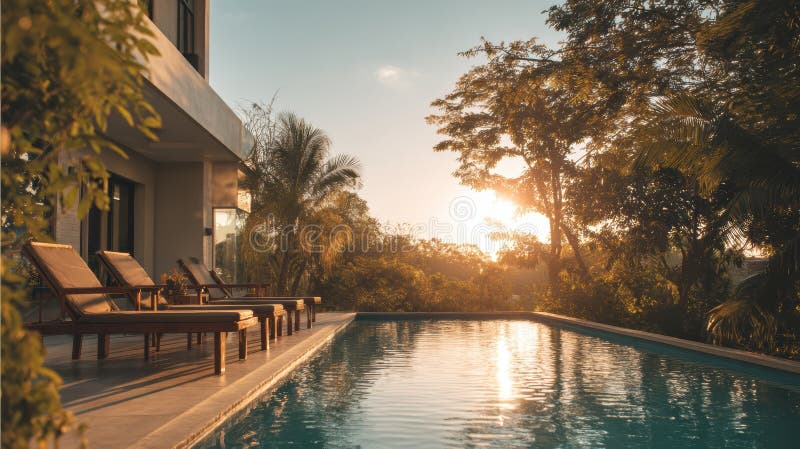 Serene Sunset Pool Reflection - Tranquil Outdoor Scene Stock Image ...