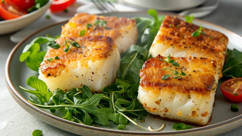 Crispy Fried Cod Fillet Served on Fresh Greens with Cherry Tomatoes in ...