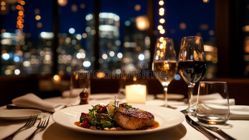 Elegant Fine Dining Experience with Gourmet Dish at Nighttime Stock ...