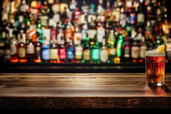 Enjoy Refreshment on a Bar with Wood Table and Blurred Background ...