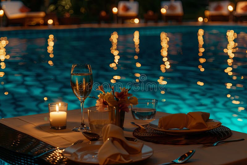 Romantic Evening Dinner Set by the Poolside with Candles and Soft ...