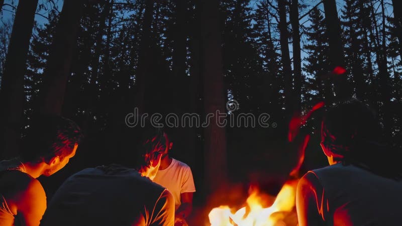 Campfire Gathering Scene with Friends in the Forest Footage Stock Video ...