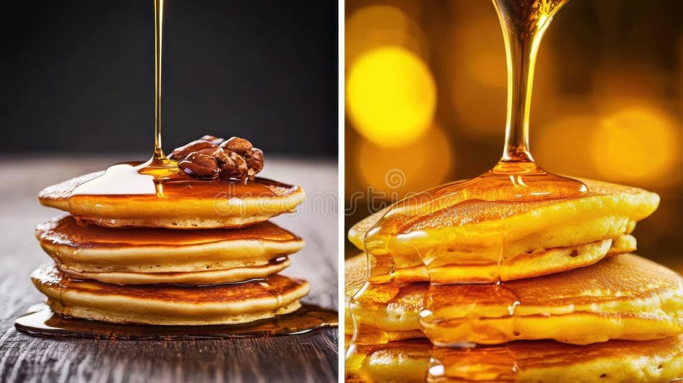 Enjoy Stack of Pancakes with Syrup and Nuts, Golden Aesthetic Theme ...