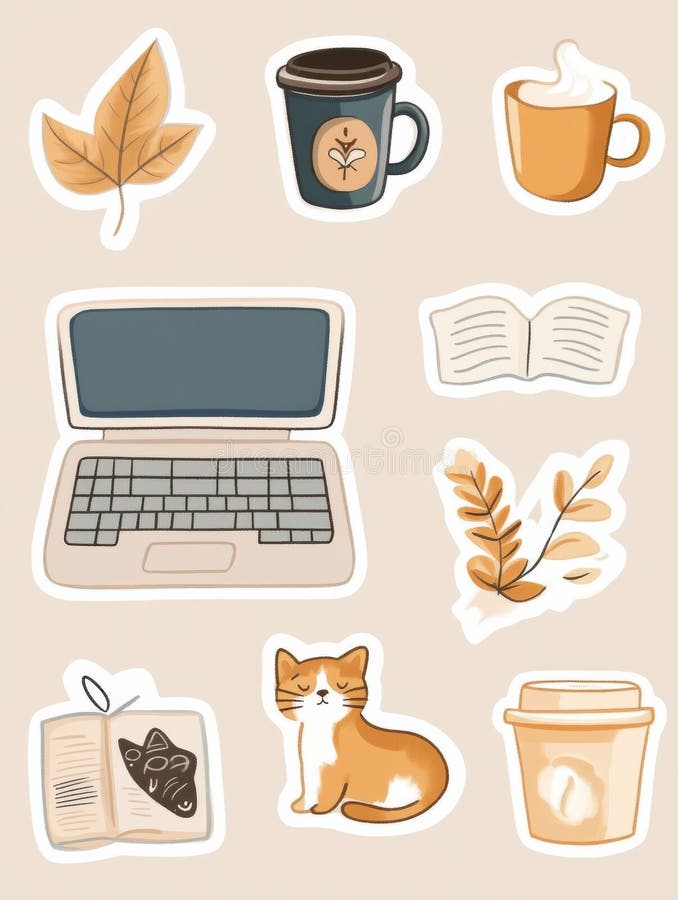 Cozy Remote Work Sticker Set Featuring Coffee, Laptop, Cat on Keyboard ...