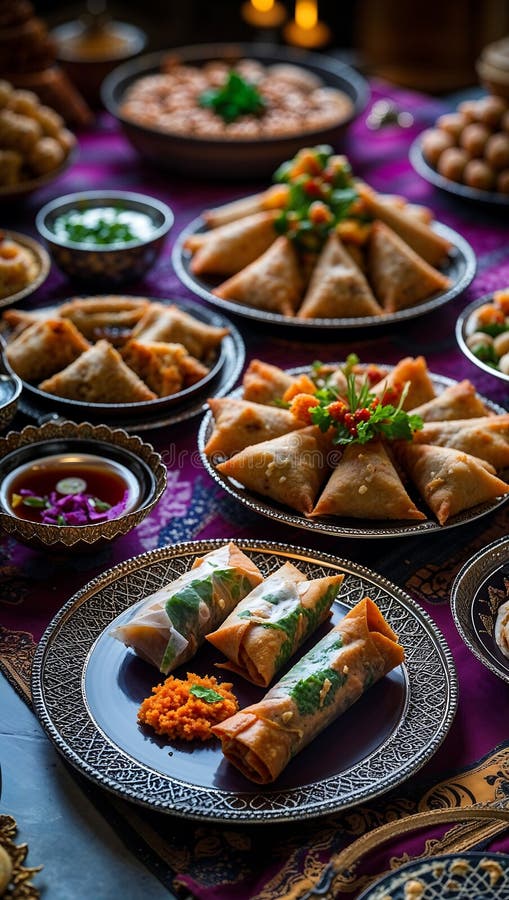 Festive Ramadan Table with Samosas and Spring Rolls Stock Illustration ...