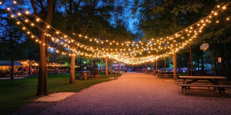 Enjoyable Evening, Outdoor Event with String Lights Above Picnic Tables ...