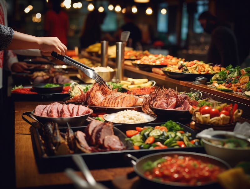Enjoying Buffet in Restaurant, with Meats, Fruits, and Vegetables Stock ...
