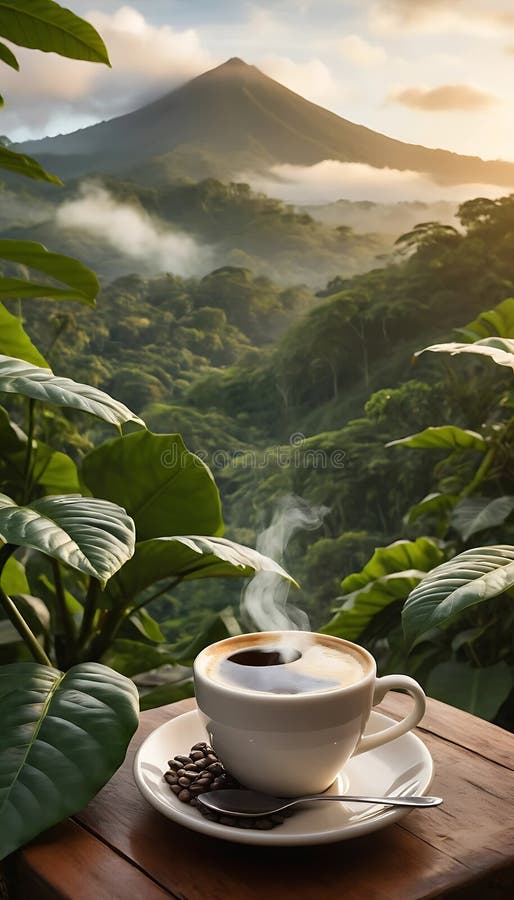 Enjoying Coffee with a View of a Lush Rainforest and Volcano Stock ...