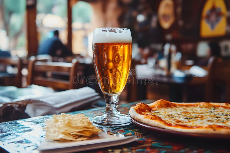 Enjoying a Cold Beer with Pizza and Crispy Snacks at a Lively ...