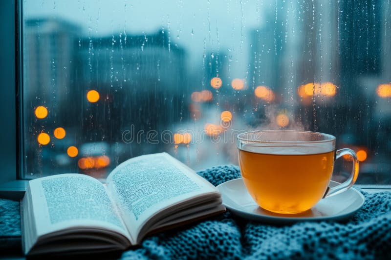 Enjoying a Cozy Rainy Day with a Steaming Cup of Tea and a Captivating ...